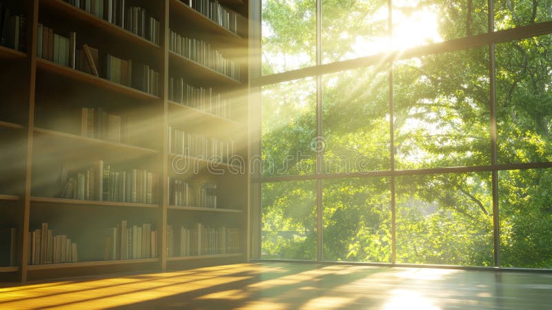 Sunlit Library Corner with Large Windows Stock Illustration ...
