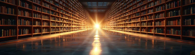 Sunlit Library Corridor with Endless Bookshelves Stock Illustration ...