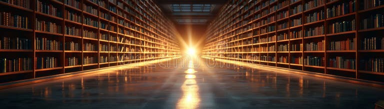 Sunlit Library Corridor with Endless Bookshelves Stock Illustration ...