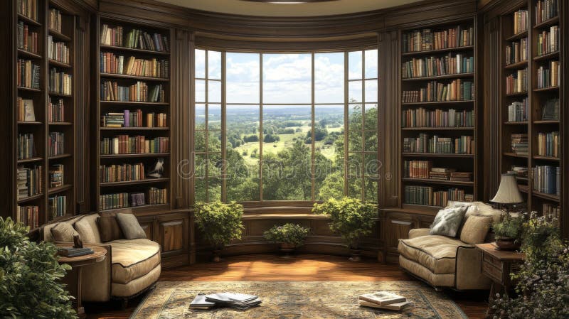 Library, with View of Vibrant Cityscape, Featuring Bustling Sidewalks ...