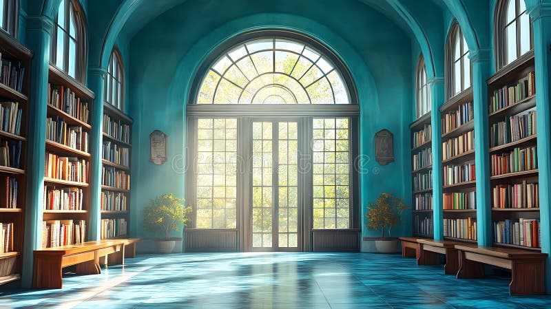 Sunlit Library Interior with Arched Windows and Bookshelves Stock ...