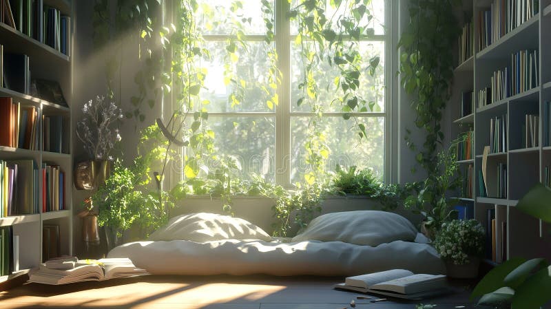 Sunlit Library Reading Nook Plants Books Window Calm Stock Photos ...