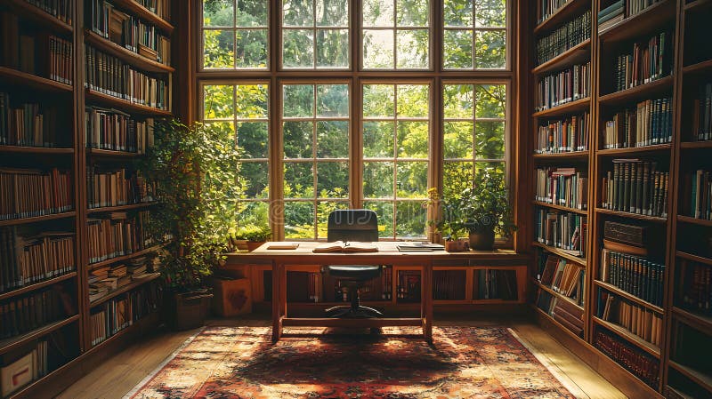 Sunlit Library Study stock photo. Image of desk, chair - 372832956