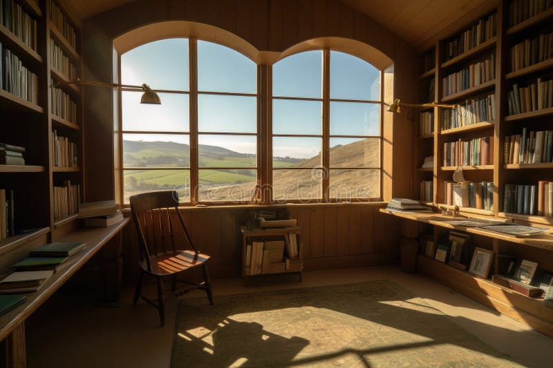 Sunlit Library, with View of Rolling Hills and Blue Skies Stock ...