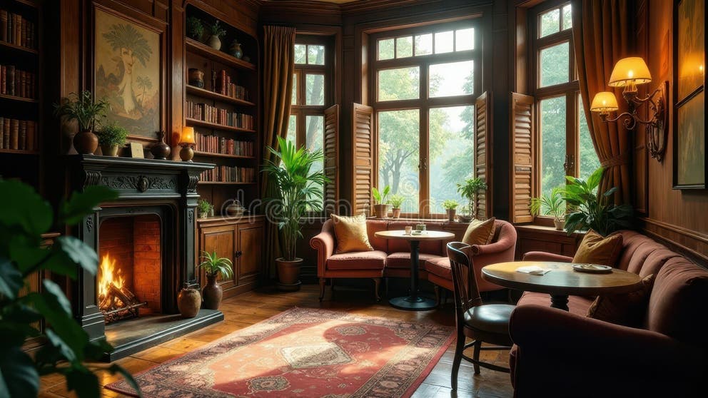 A Sunlit Library with a Warm Inviting Fireplace, Plush Seating, and an ...