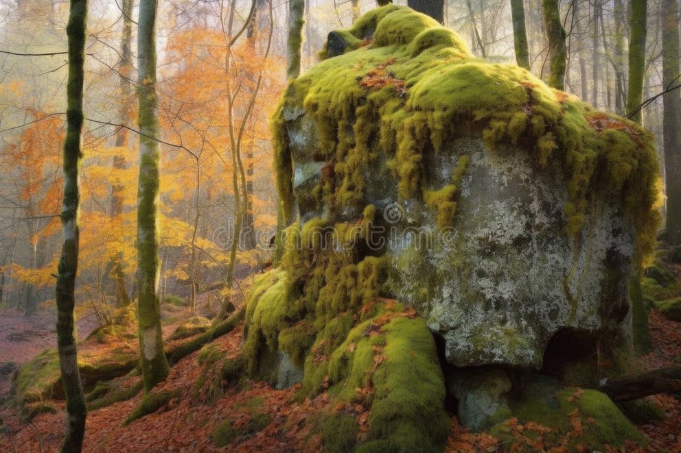 Sunlit Lichen on Rock in a Dense Forest Setting Stock Photo - Image of green, moss: 289296610