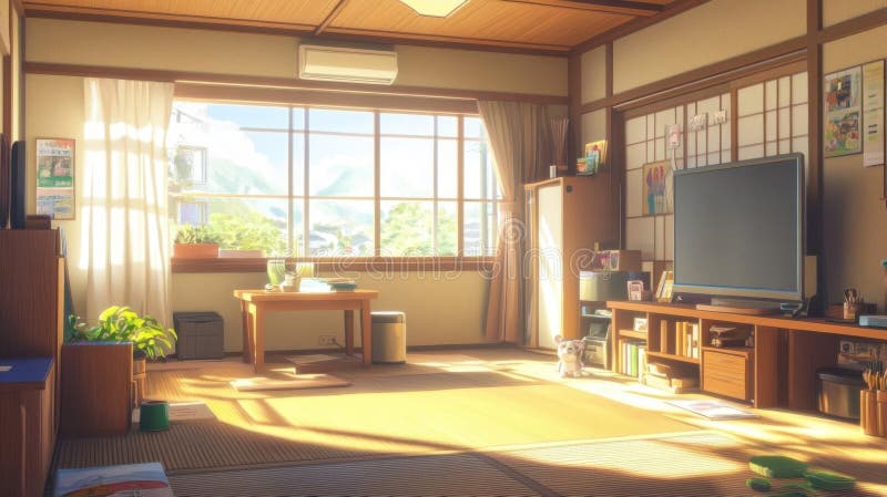 Sunlit Living Room, Anime-Style Interior Design Stock Illustration ...