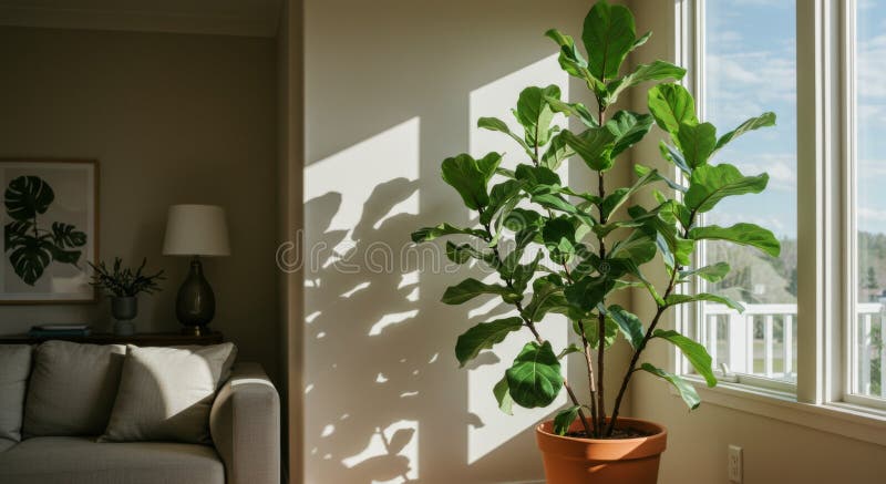 Sunlit Living Room with Fiddle Leaf Fig Plant Stock Illustration ...