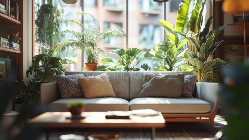 Sunlit Living Room with Lush Indoor Plants and Comfortable Sofa Stock ...
