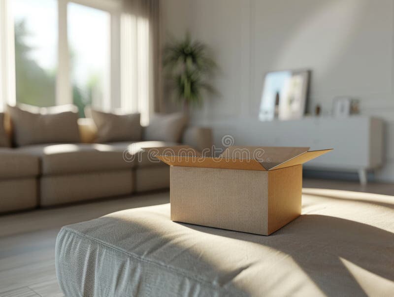Sunlit Living Room with an Open Cardboard Box on a Footrest Stock Image ...