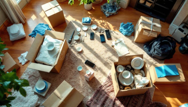 Sunlit Living Room with Packed Boxes and Household Items for Moving Day ...