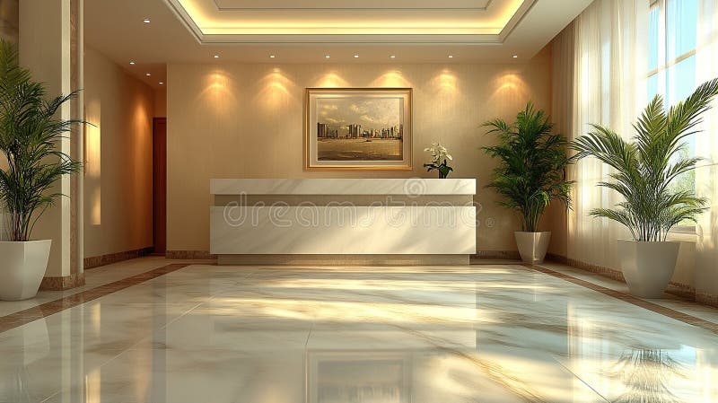 Sunlit Lobby Reception Desk, Elegant Interior, City View Stock Photo ...