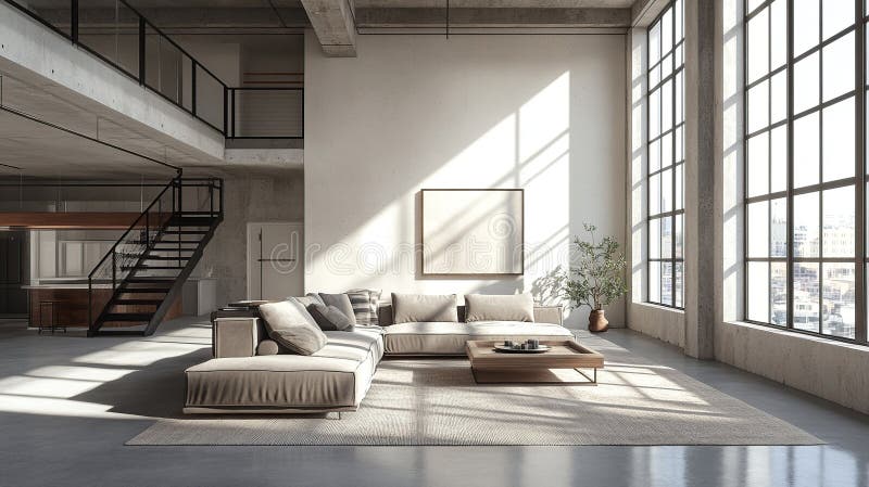 Sunlit Loft Apartment Interior with Sectional Sofa, Large Windows, and ...