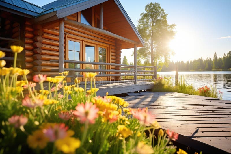 Sunlit Log Cabin with Blooming Flowers on the Dock Stock Image - Image ...