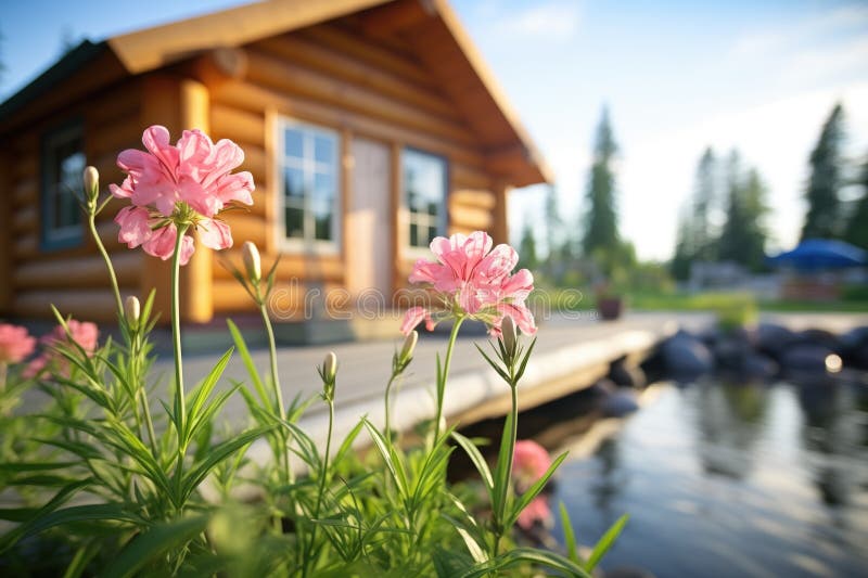 Sunlit Log Cabin with Blooming Flowers on the Dock Stock Photo - Image ...