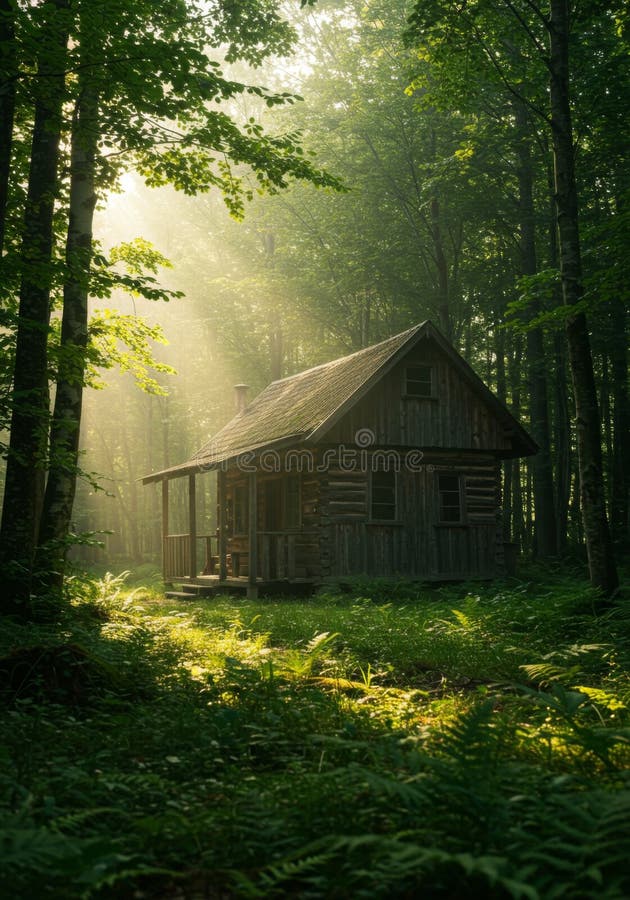 Sunlit Log Cabin in Misty Green Forest Stock Illustration ...