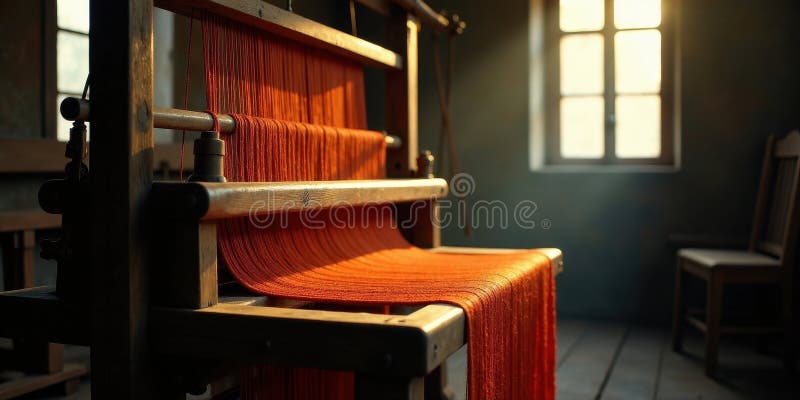 Sunlit Loom Weaving Vibrant Orange Textile Threads in Rustic Workshop ...