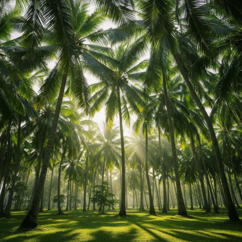 Sunlit Lush Tropical Palm Tree Grove Stock Illustration - Illustration ...