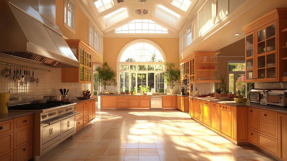 Sunlit Luxury Kitchen, Garden View, Home Design Stock Photo - Image of ...