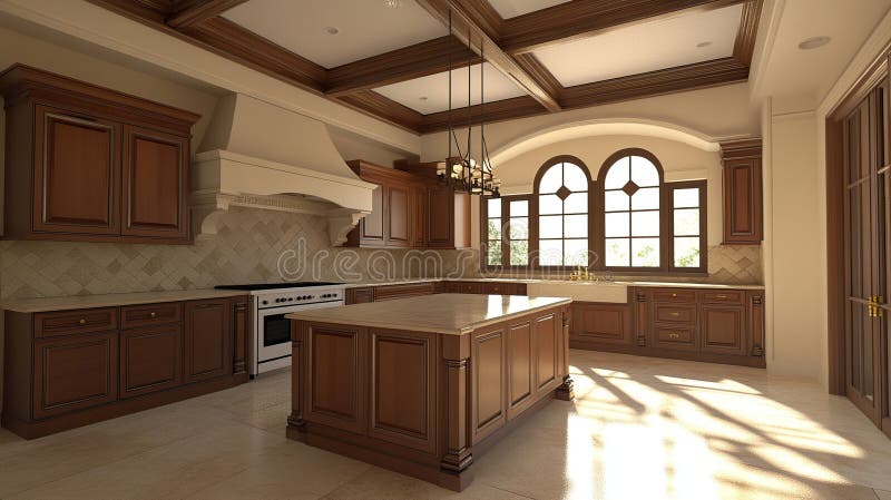 Sunlit Luxury Kitchen with Island, Arched Windows, and Wood Cabinetry ...