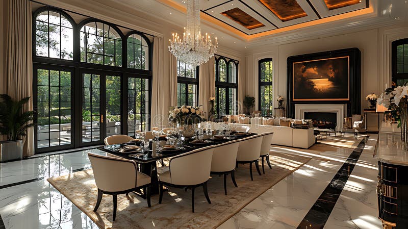 Sunlit Mansion Dining Room, Arched Windows, Garden View, Luxury ...