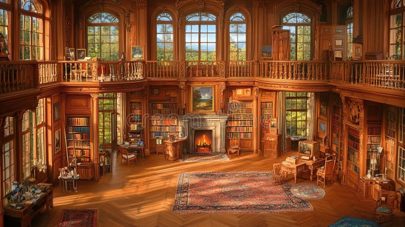 Sunlit Mansion Library, Autumn View, Cozy Reading Stock Image - Image ...