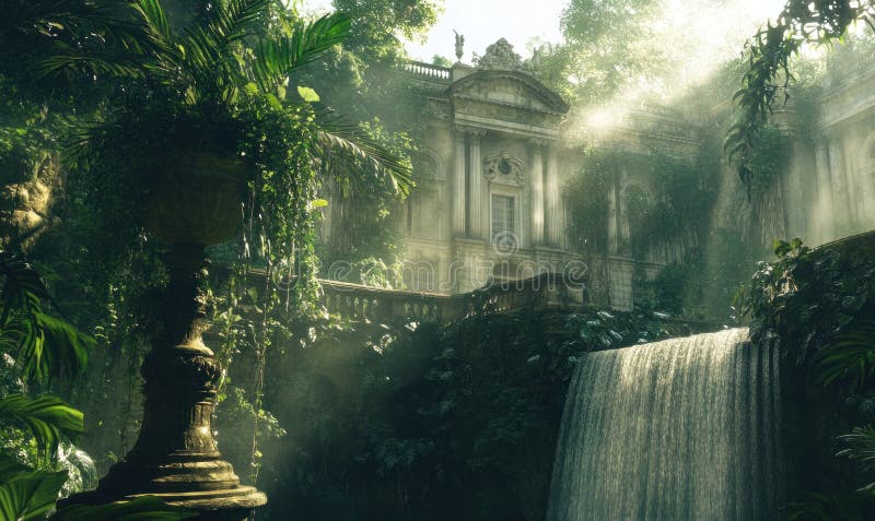 Enchanted Jungle Mansion with Waterfall Stock Photo - Image of lush ...