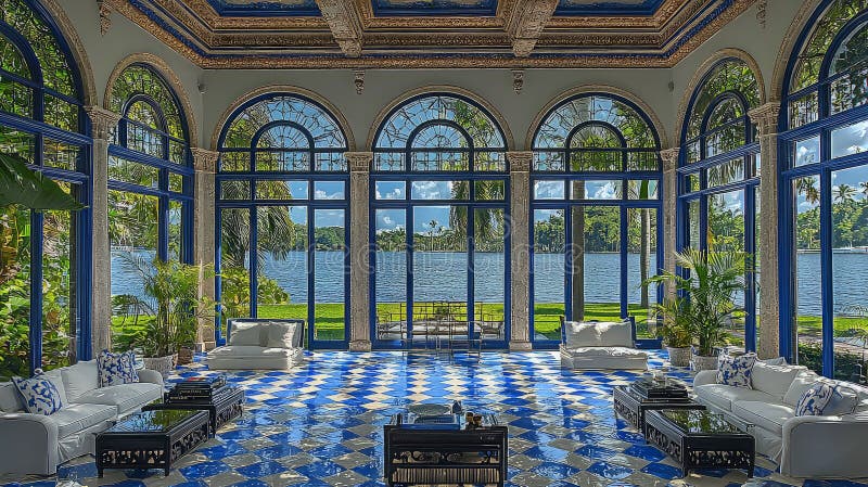 Sunlit Mansion Solarium, Waterfront View, Luxurious Interior, Real ...