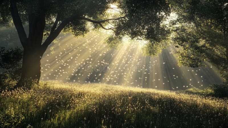 Sunlit Meadow with Dandelion Seeds Floating through Trees Stock ...