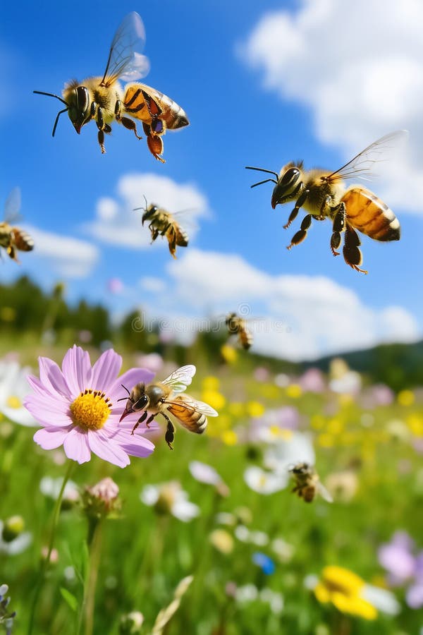 In a Sunlit Meadow Filled with an Array of Colorful Wildflowers, Bees ...