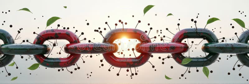 Sunlit Metallic Chain with Floating Black Spheres and Green Leaves ...