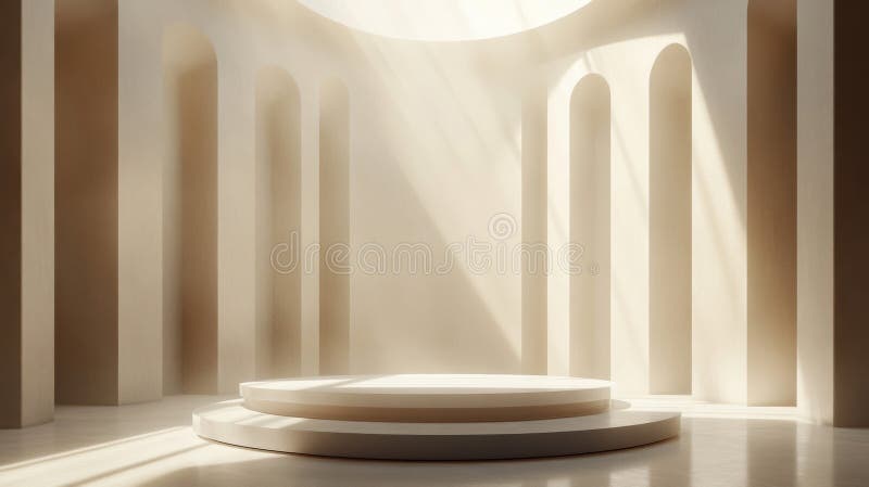 Sunlit Minimalist Architectural Interior with Circular Platform Stock ...
