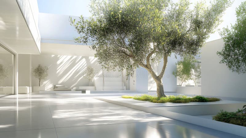Sunlit Minimalist Courtyard with Olive Tree Stock Illustration ...
