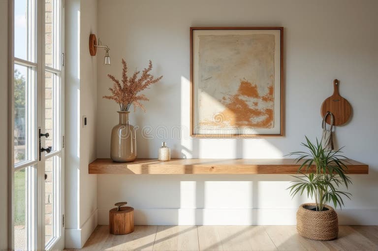 Sunlit Minimalist Entryway with Abstract Art and Rustic Decor Elements ...