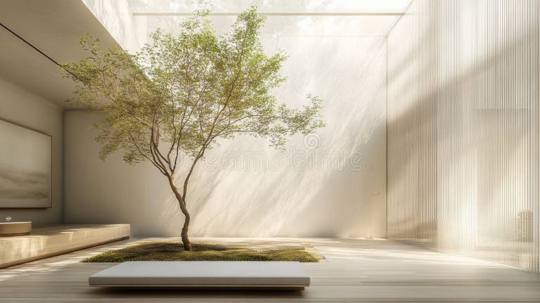 Sunlit Minimalist Interior with Olive Tree Stock Illustration ...