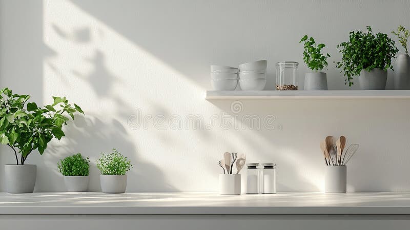 Sunlit Minimalist Kitchen Shelf with Plants, Utensils, and Dishes Stock ...