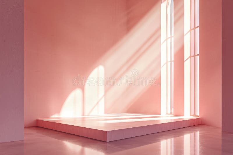 Sunlit Minimalist Pink Interior with Large Window and Reflection Stock ...
