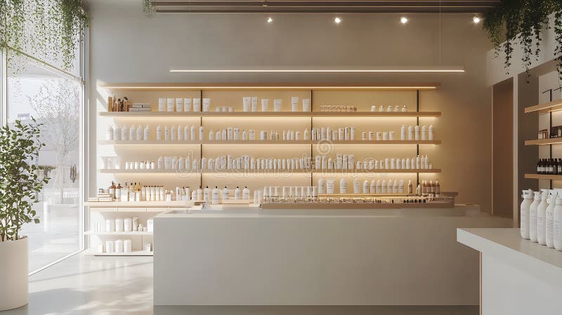 Sunlit Minimalist Retail Space with Light Wood Shelving and White ...