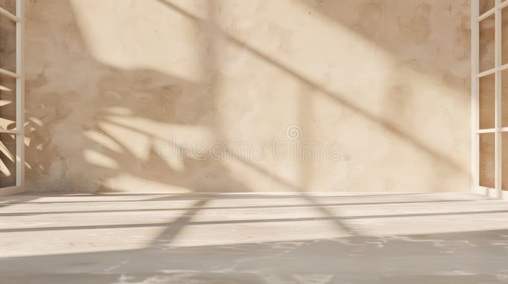 Sunlit Minimalist Room with Empty Walls and Leaf Shadows through Large ...