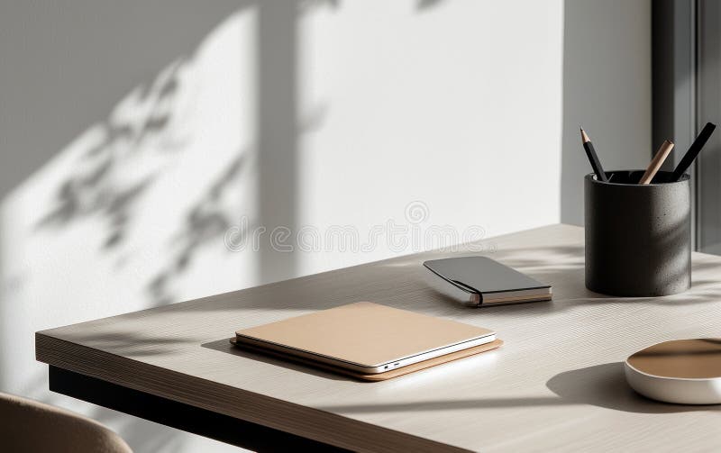 Sunlit Minimalist Workspace: Beige Notebook and Stock Illustration ...