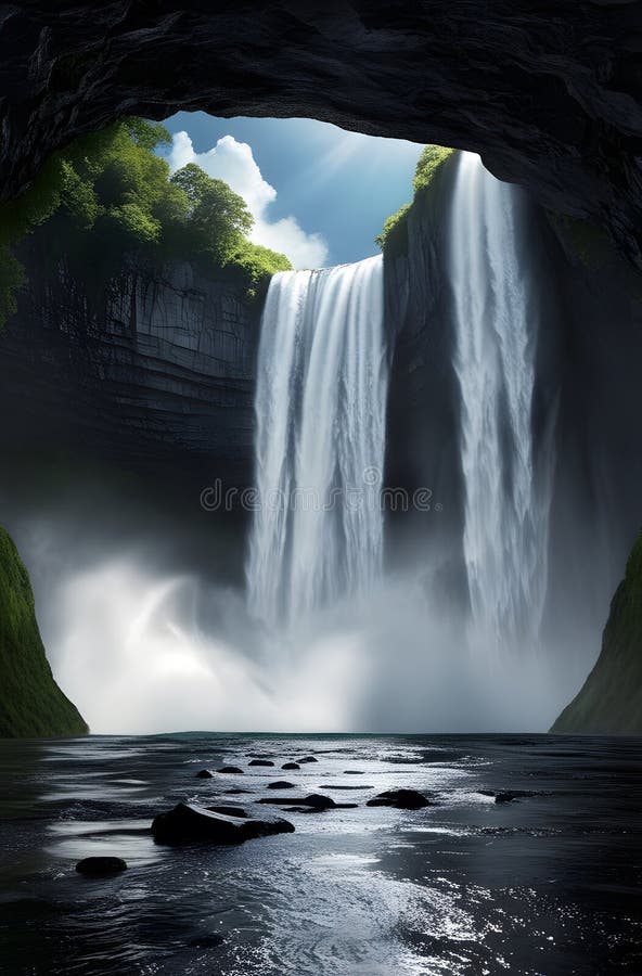 Sunlit Mist and Majestic Waterfall from a Cave S Viewpoint Stock ...