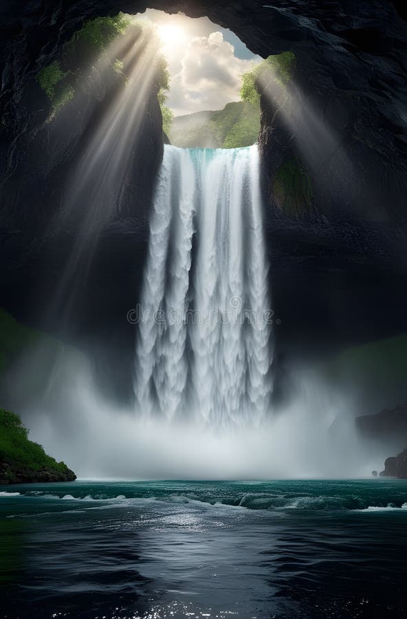 Sunlit Mist and Majestic Waterfall from a Cave S Viewpoint Stock ...