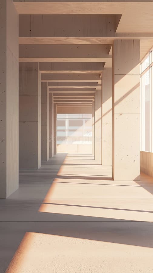 Sunlit Modern Architectural Corridor with Concrete Pillars and Shadow ...