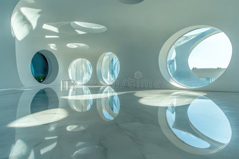Sunlit Modern Architectural Space with Circular Reflections and Unique Windows Stock Image ...