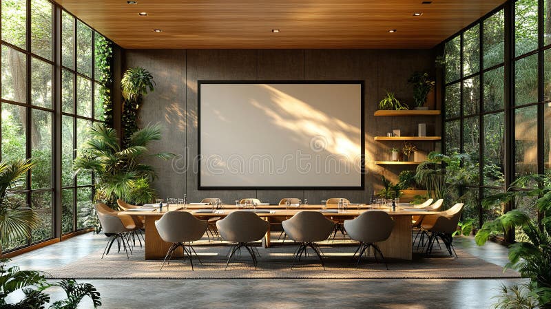 Sunlit Modern Conference Room with Large Windows, Plants, and a Blank ...