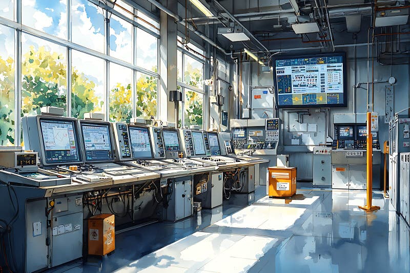 Sunlit Modern Control Room with Multiple Computer Monitors and Large ...