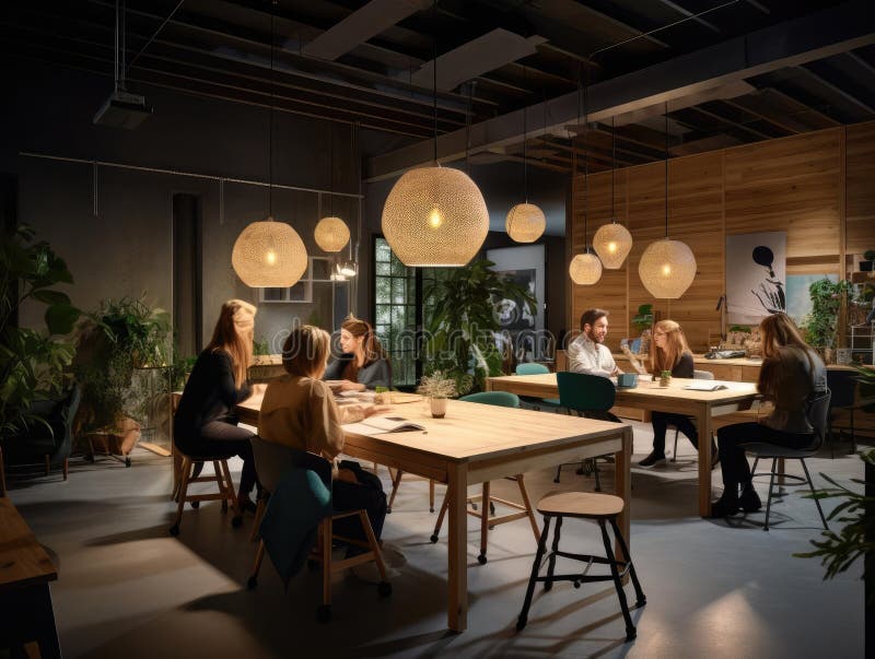 Employees Collaborating in Modern Coworking Space Stock Illustration ...