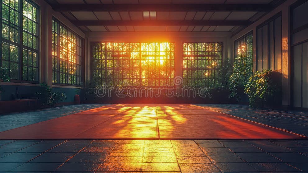 A Sunlit Modern Dojo with Large Windows and a Vibrant Tatami Mat, Ready ...