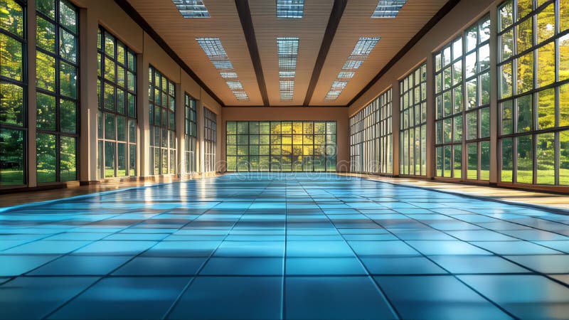 A Sunlit Modern Dojo with Large Windows and a Vibrant Tatami Mat, Ready ...