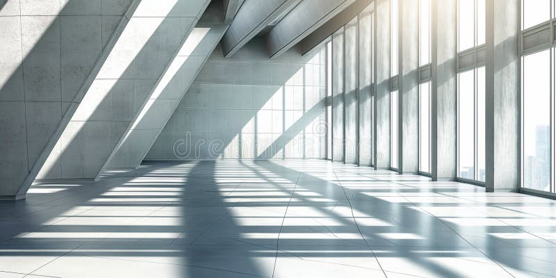 Sunlit, Modern, Empty Industrial Hall Interior with Large Windows and ...
